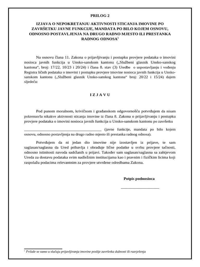 4. Prilog 2. Izjava o Nepokretanju Aktivnosti Sticanja Imovine | PDF