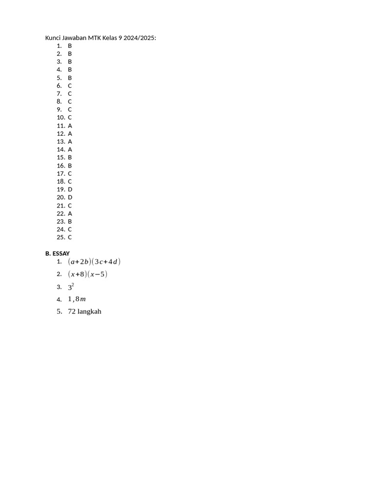 Kunci Jawaban MTK Kelas 9 2024 Semester Ganjil | PDF