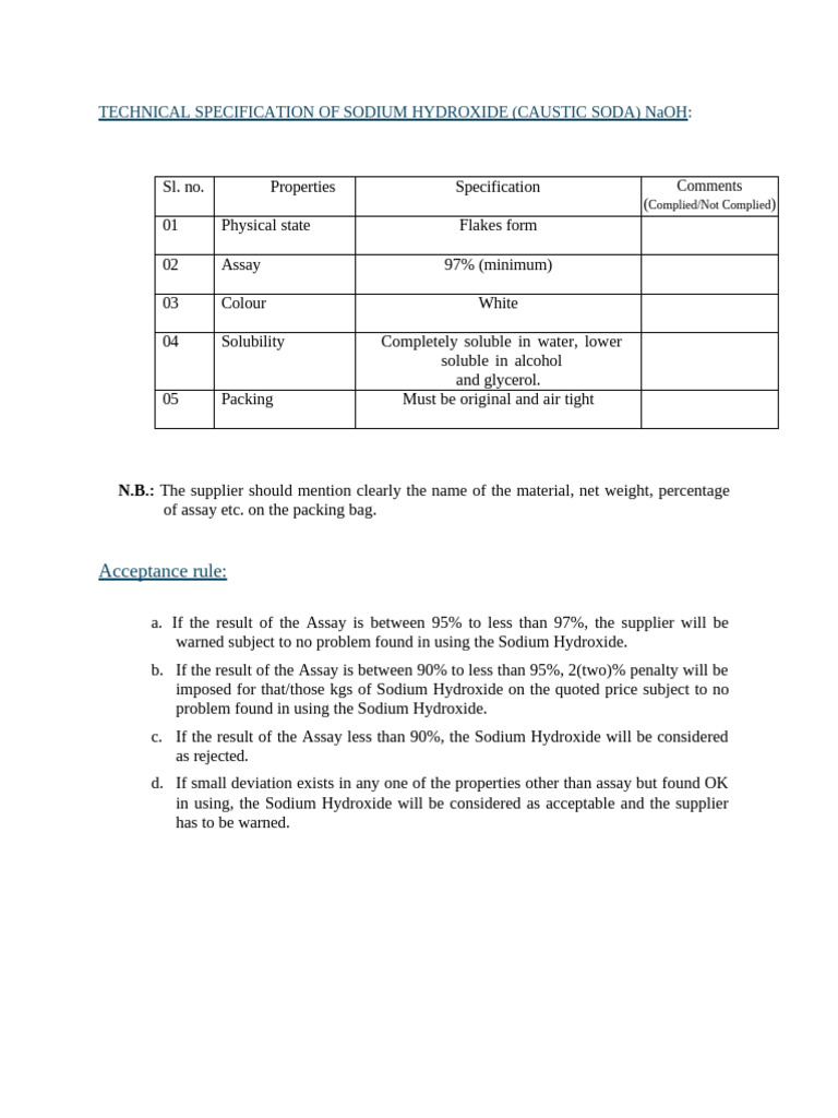 Technical Specification of Sodium Hydroxide | PDF