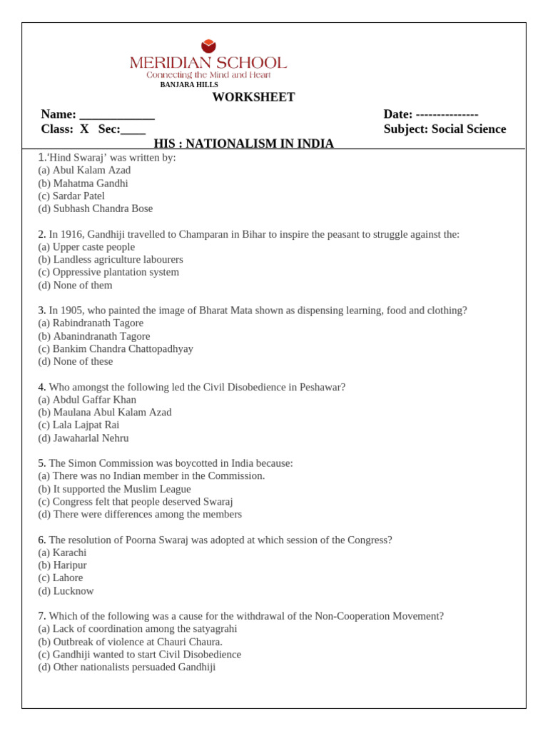 Nationalism in India - New Worksheet | PDF | Mahatma Gandhi | British Raj
