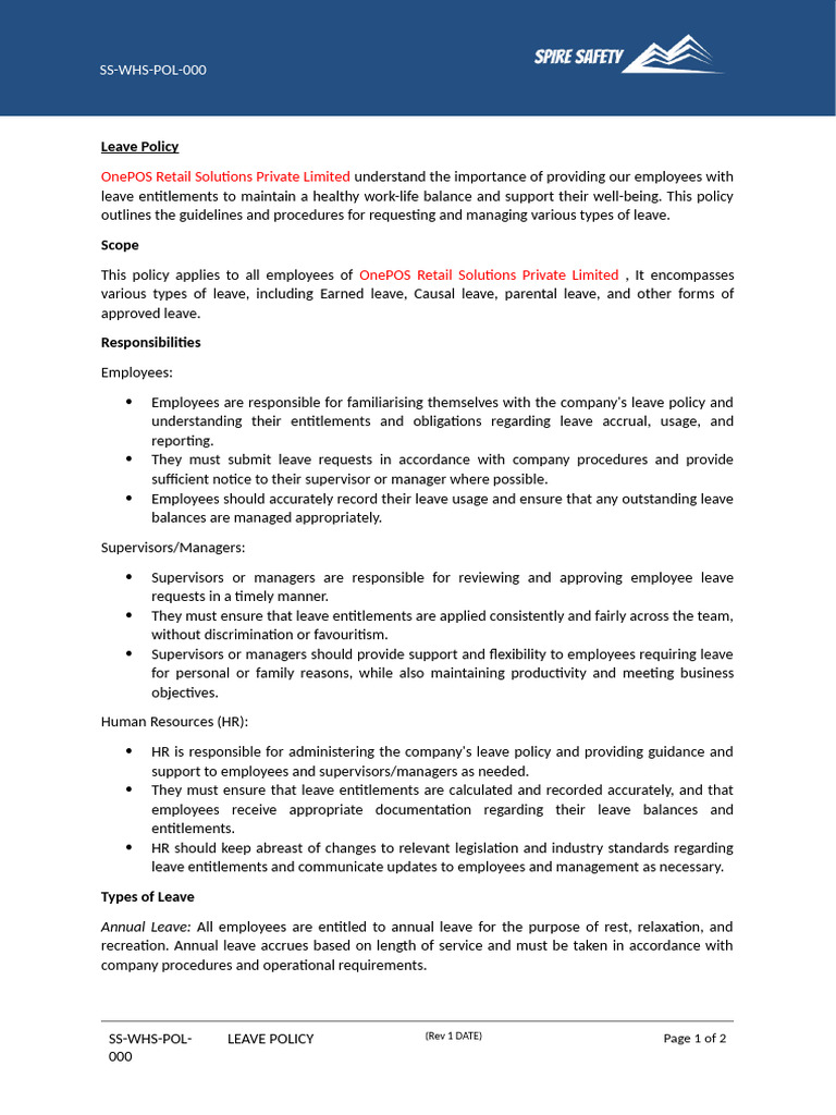Ss Whs Pol 000 Leave Policy | PDF | Sick Leave | Parental Leave