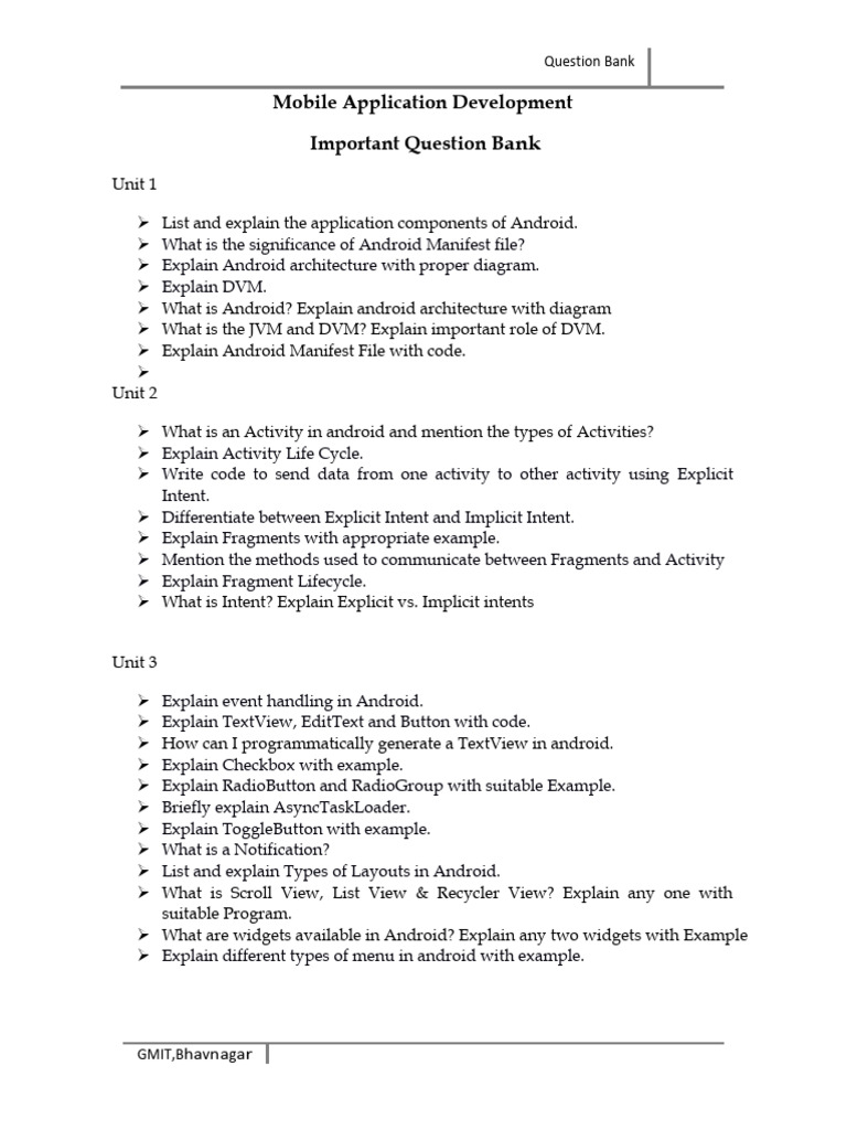 Android Mobile Development Question Bank | PDF | Android (Operating System) | Software Engineering