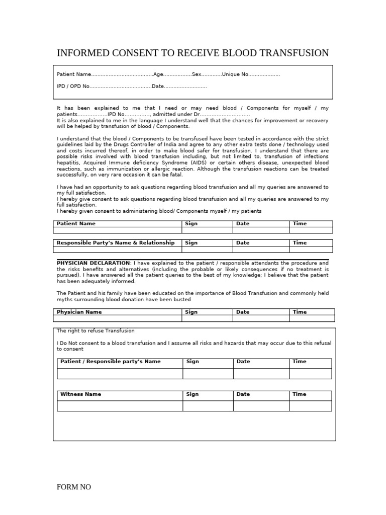 Blood Transfusion Informed Consent Form | PDF | Blood Transfusion ...