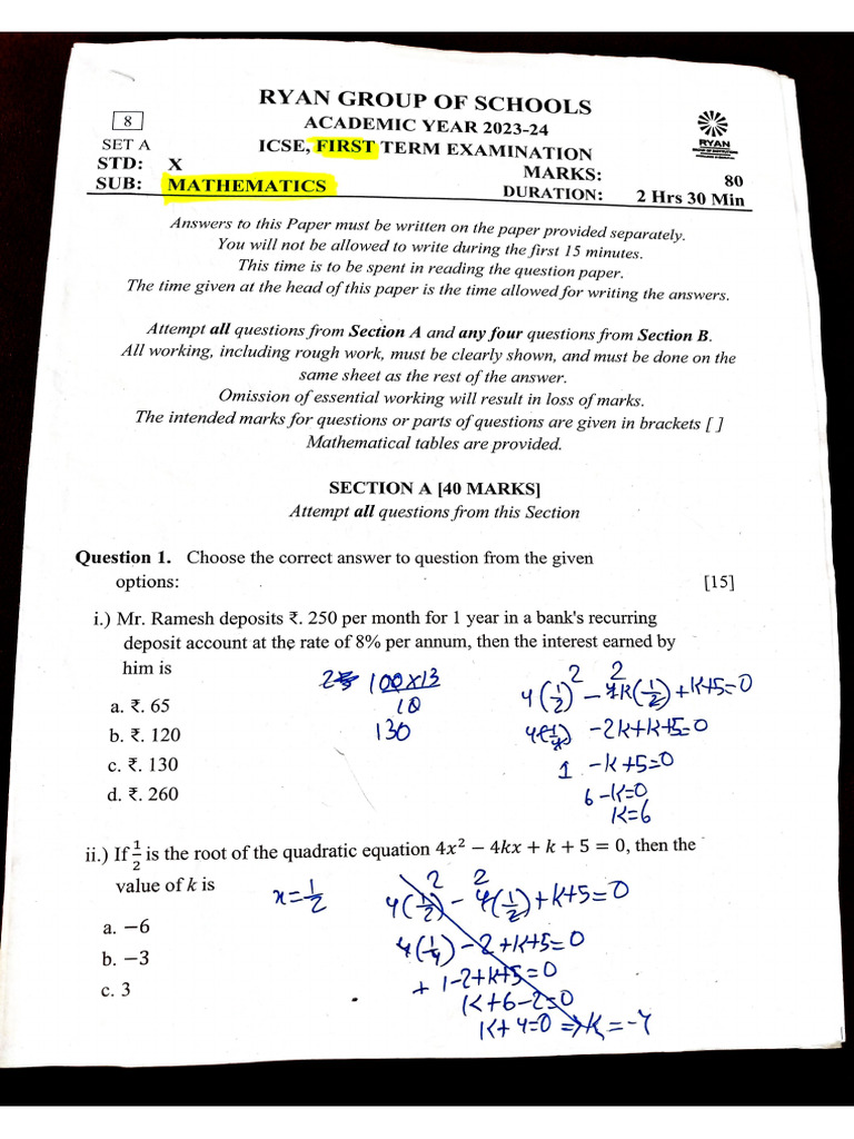 Ryan Last Year First Term Maths Paper | PDF