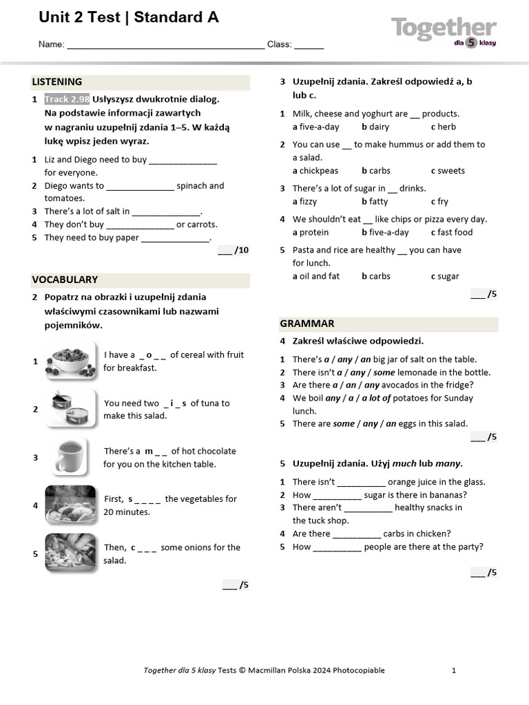 Together kl5 U2 Unit Test Standard A | PDF | Salad | Lunch