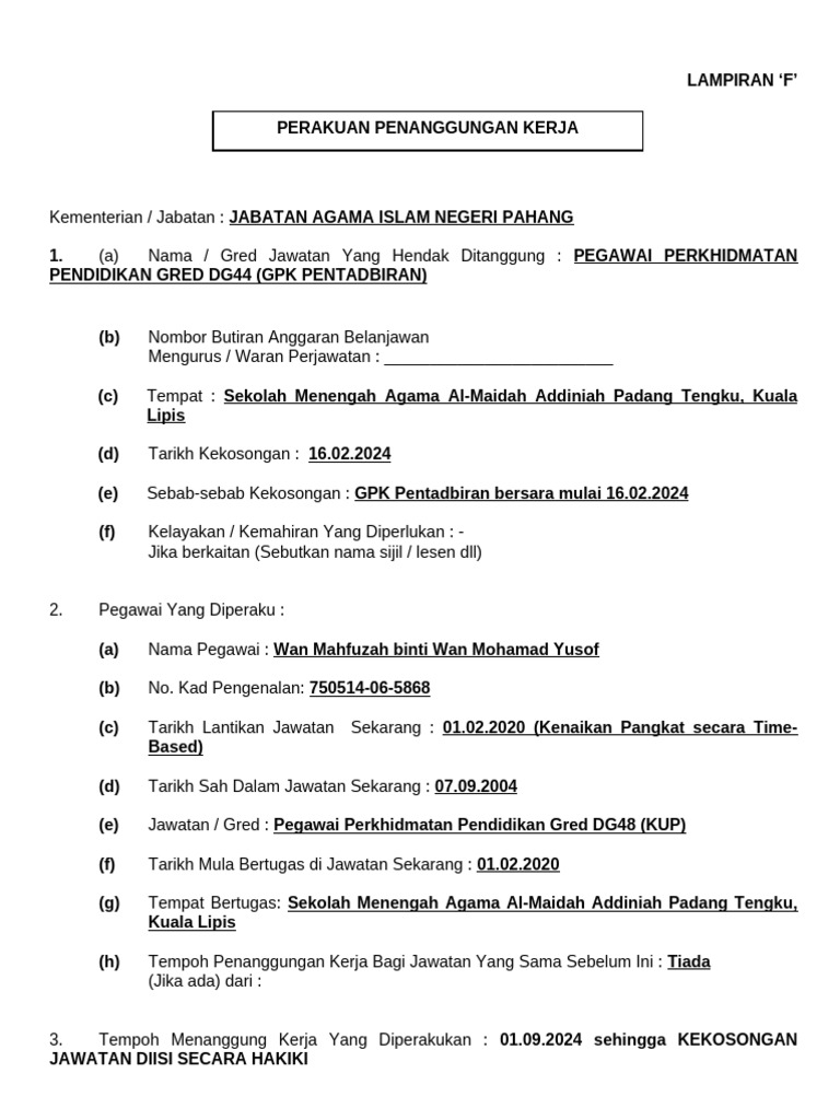 Borang Perakuan Penanggungan Kerja | PDF