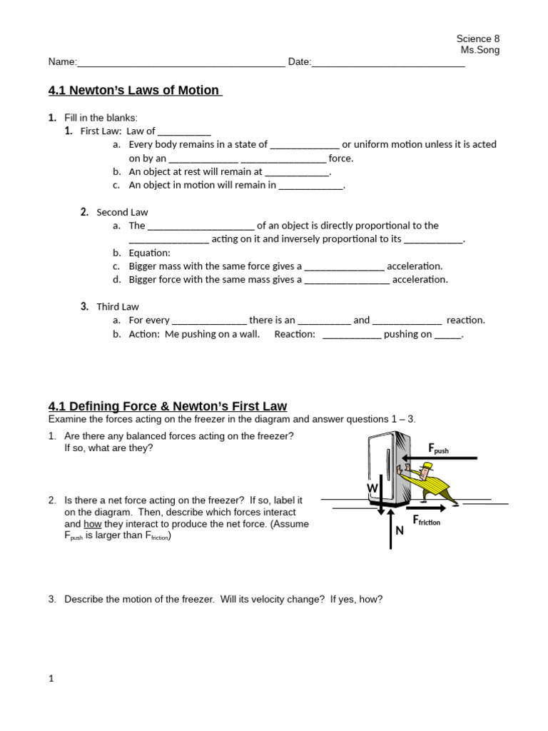 Newton's Laws of Motion Worksheet | PDF | Force | Newton's Laws Of Motion