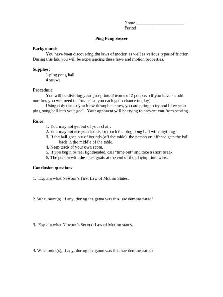 Ping Pong Soccer Lab Newtons Laws | PDF