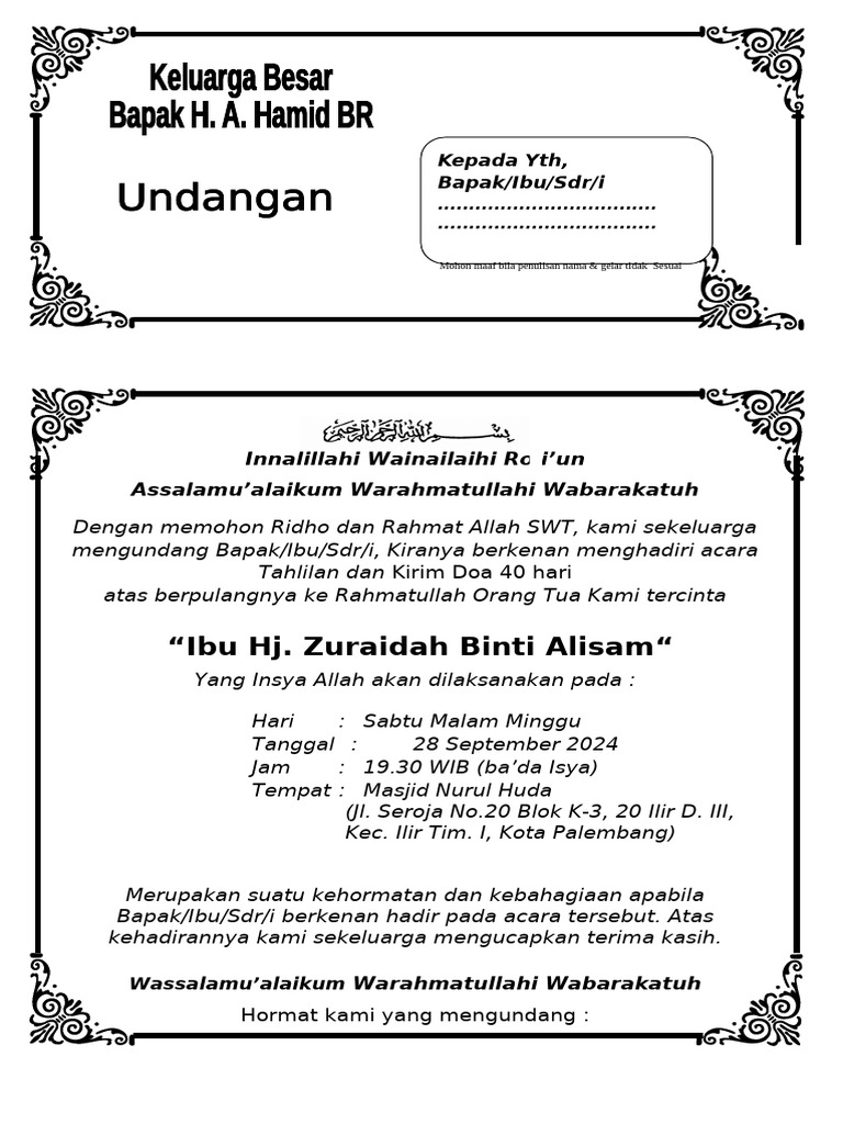 Undangan Tahlilan 40 Hari Ibu Zuraidah | PDF