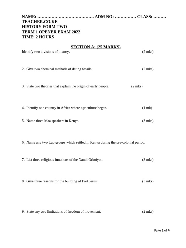 History Form 2 Term 1 Opener 2022 2021 QN | PDF | Kenya