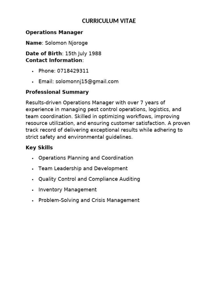 Pest Control Operations Manager CV | PDF | Regulatory Compliance | Pest ...