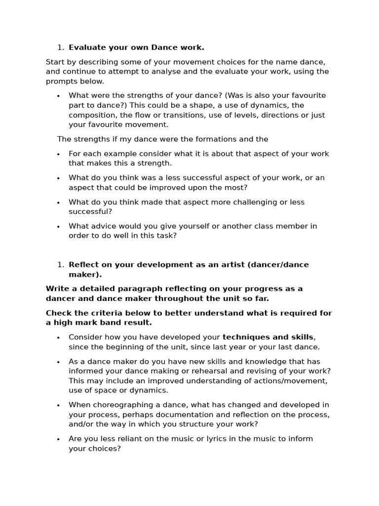 Evaluate Your Own Dance Work | PDF