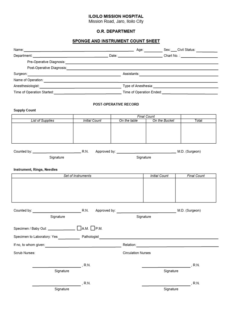 Or Count Sheet | PDF | Anesthesia | Medical Specialties