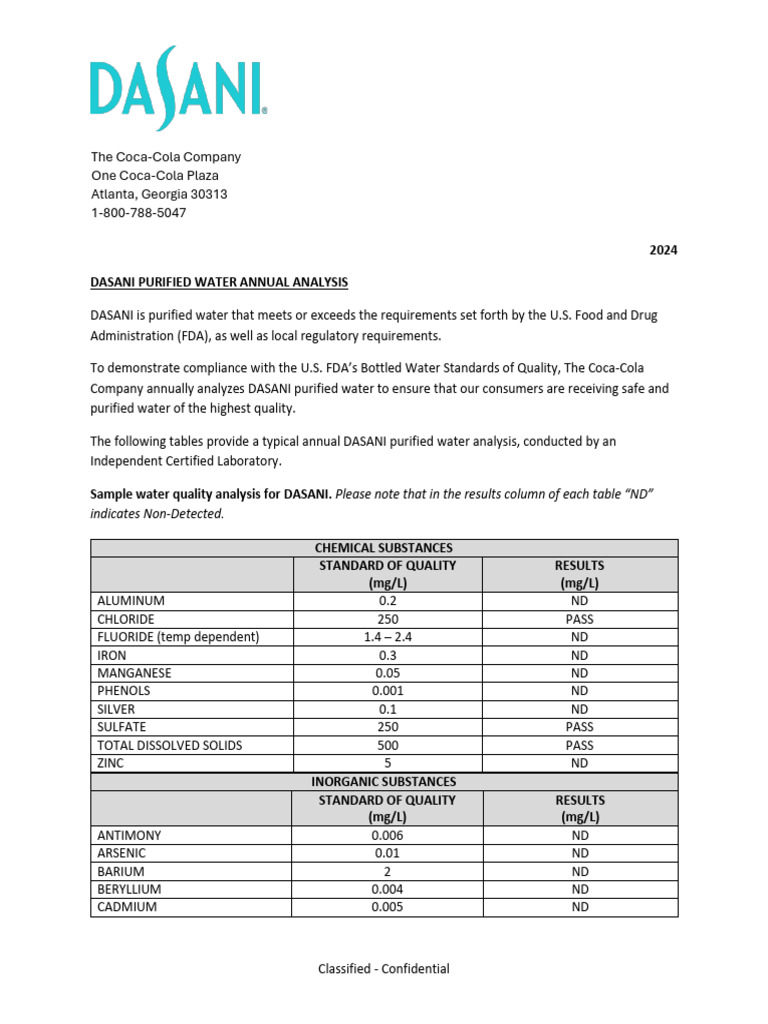 DASANI Water Quality Analysis 2024 | PDF | Purified Water | Chemical ...