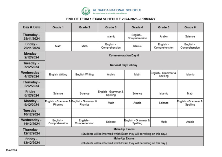 Primary End of Term 1 Exam Schedule 2025 | PDF