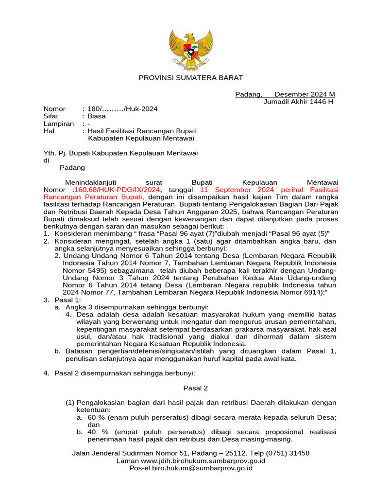 Ranperbub TTG Pengalokasian Bagian Hasil PDRD 2025 | PDF