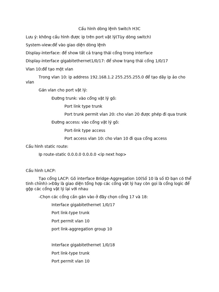 Cấu Hình Dòng Lệnh Switch H3C | PDF