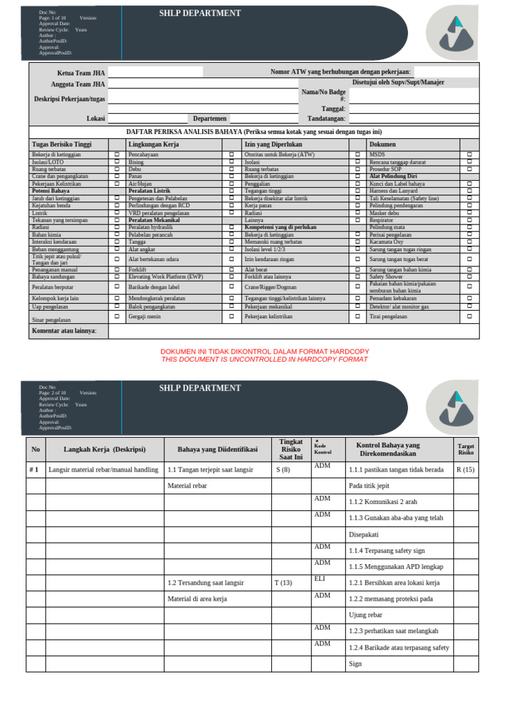 Daftar Periksa Analisis Bahaya Kerja | PDF