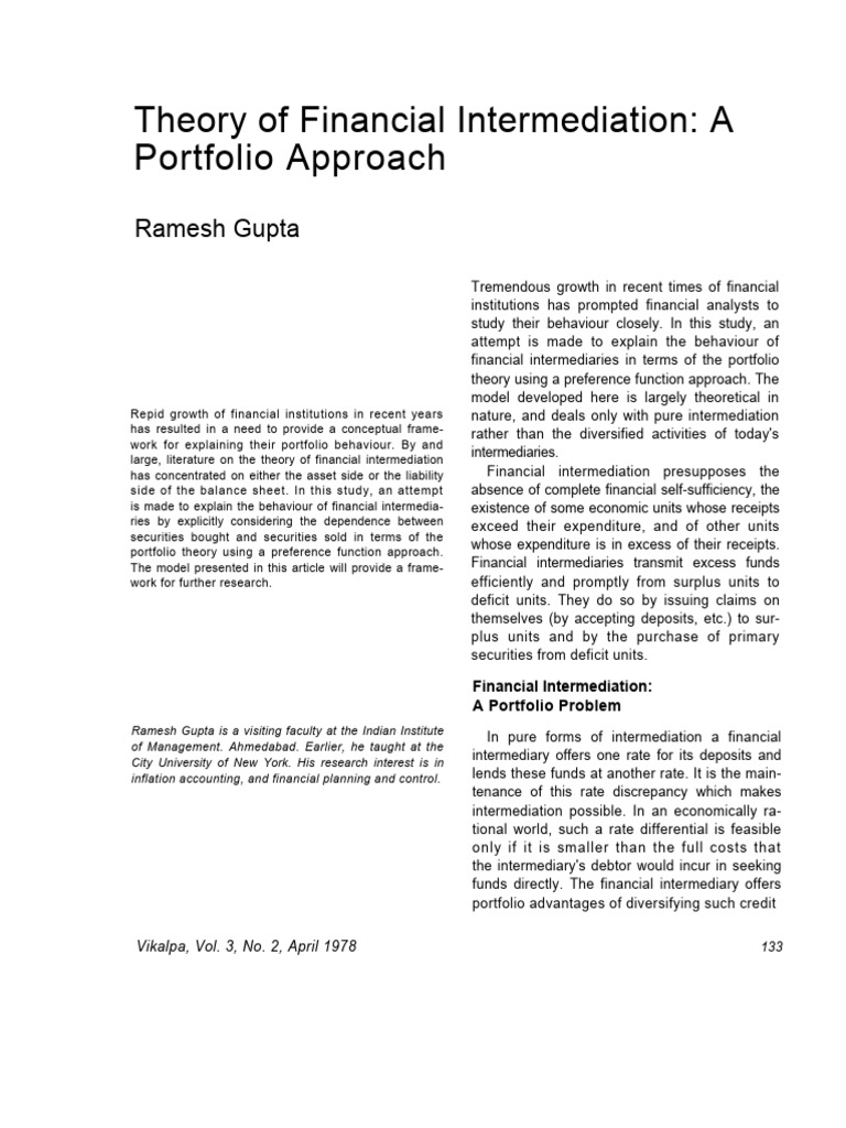 Gupta 1978 Theory of Financial Intermediation A Portfolio Approach ...