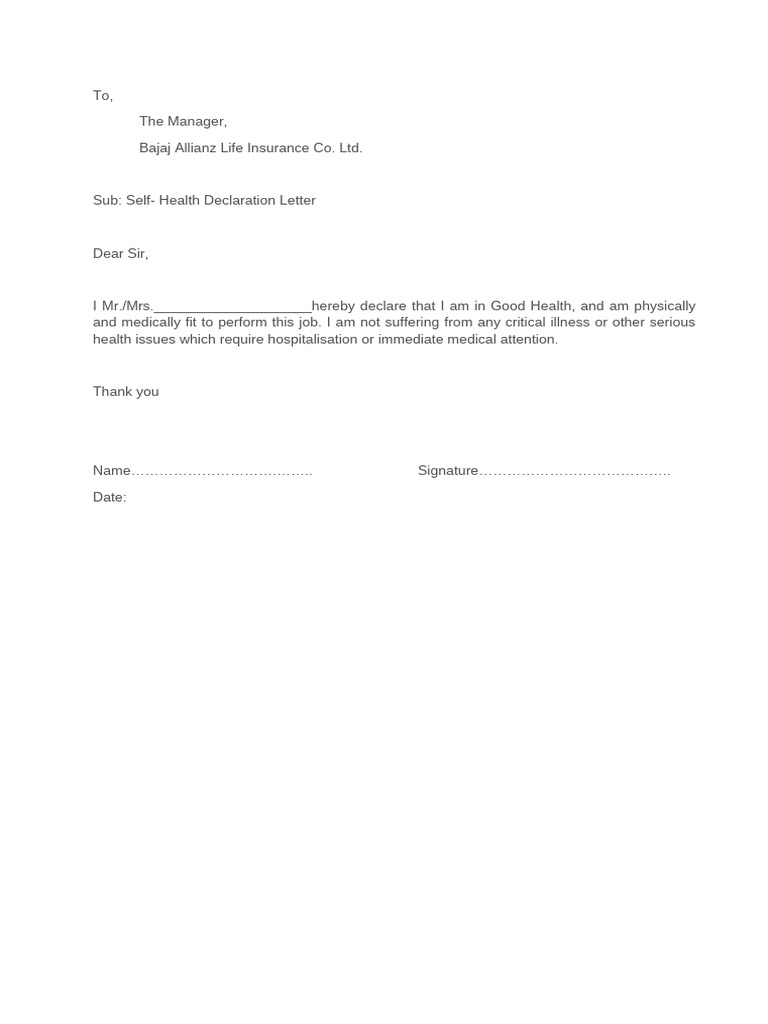 Self-Medical Fitness Declaration Letter | PDF