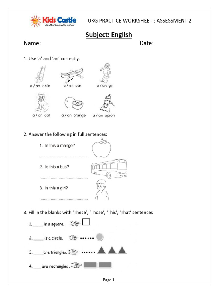 UKG Practice Worksheet - 1 | PDF | Linguistics