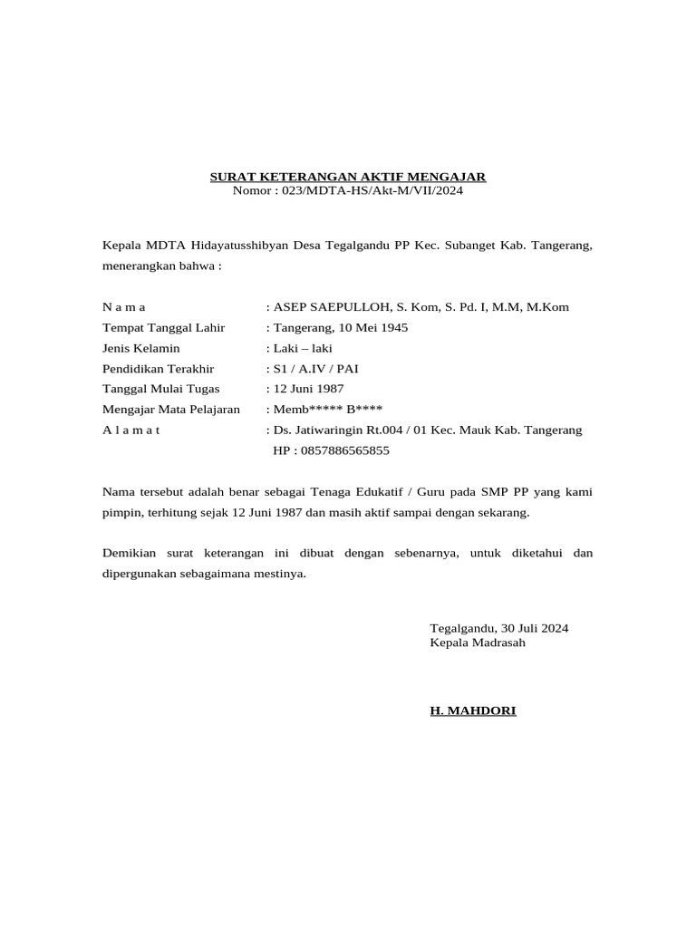 Surat Aktif Mengajar Asep Saepulloh | PDF