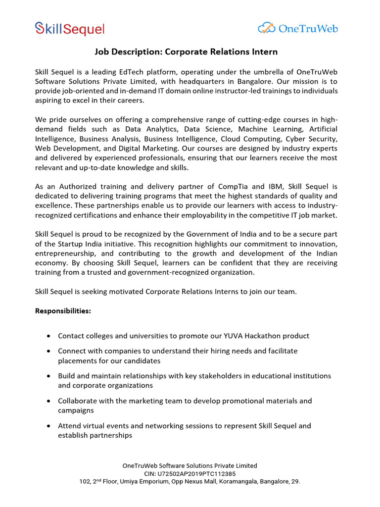 Corporate Relations Intern - Job Description | PDF | Educational ...