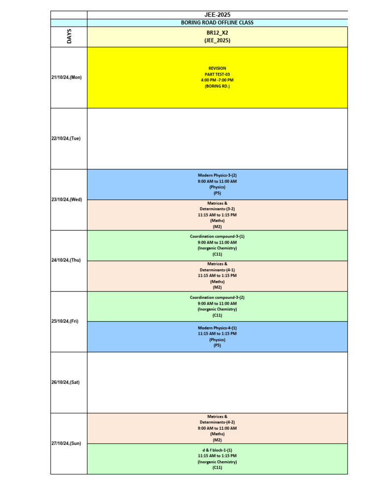 Boring Road Offline Class BR12 - X2 (JEE - 2025) | PDF