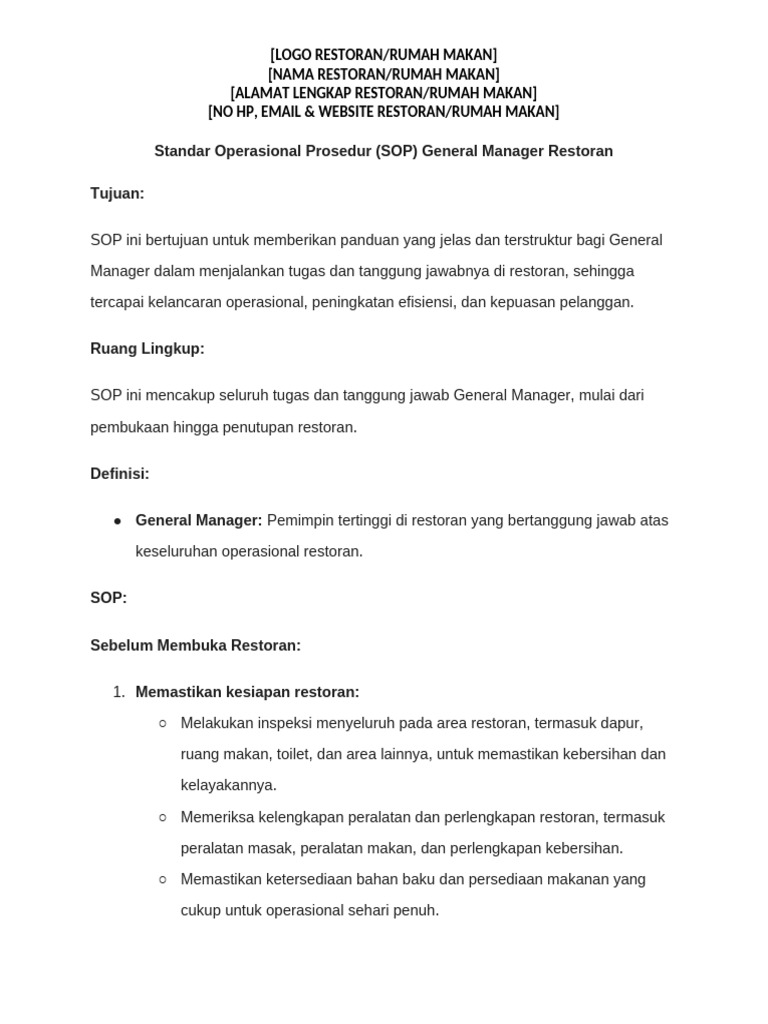 SOP General Manager | PDF