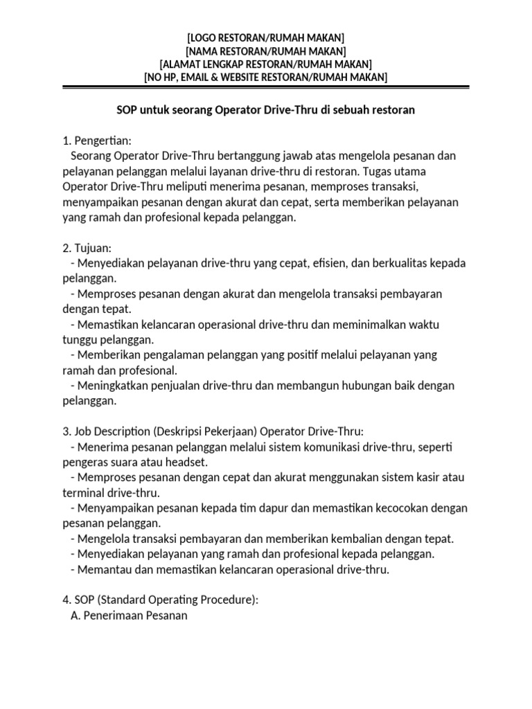SOP Operator Drive-Thru | PDF