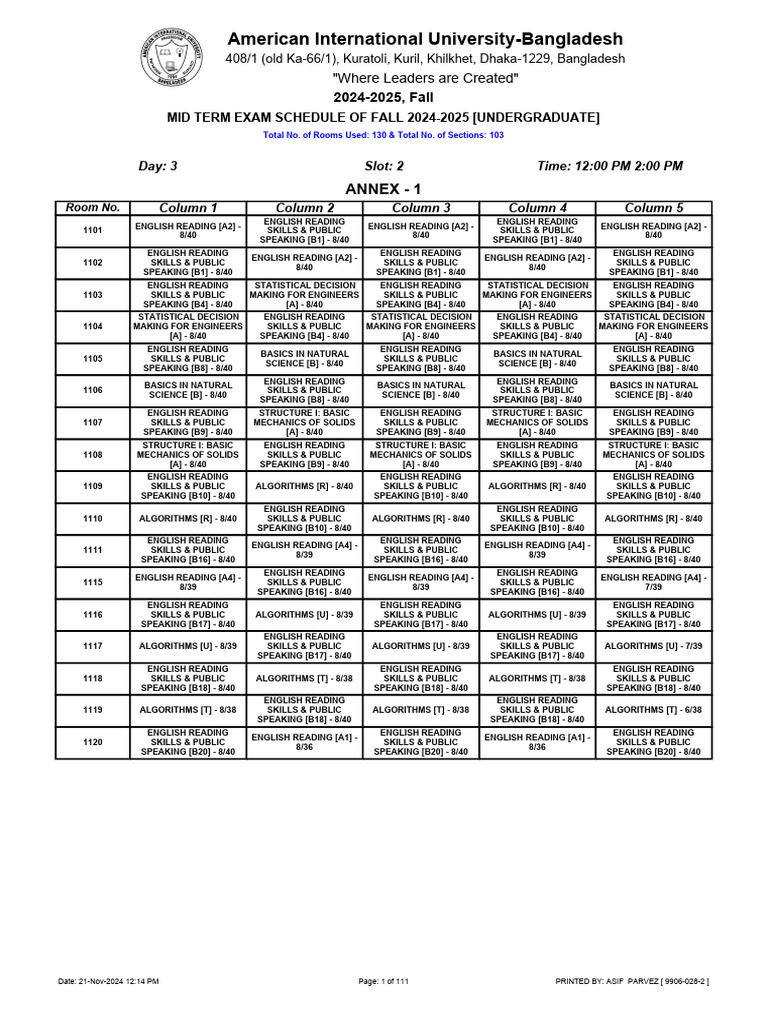 AIUB Fall 2024 Midterm Schedule | PDF
