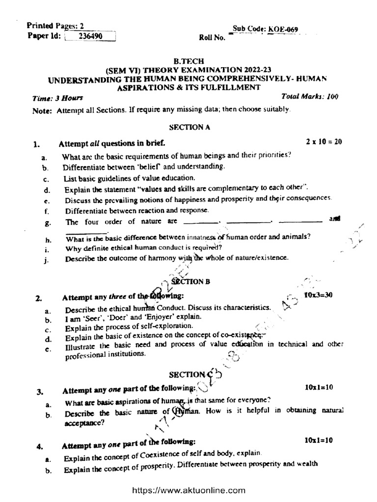 Btech Oe 6 Sem Understanding The Human Being Comprehensively Koe 069 2023 | PDF
