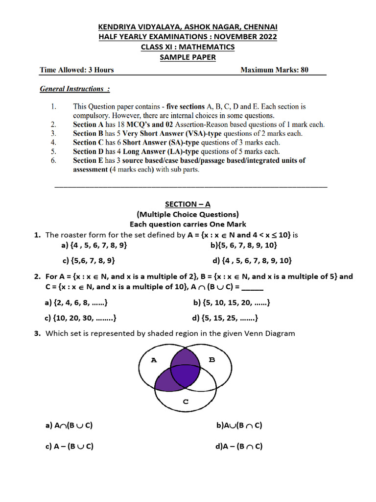 CLASS XI MATHS SAMPLE PAPER HY 2022 | PDF | Mathematics | Science
