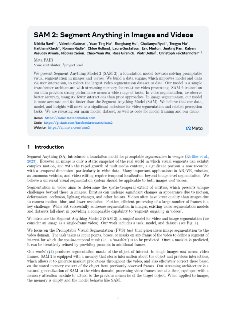SAM 2: Segment Anything in Images and Videos: Core Contributor Project ...