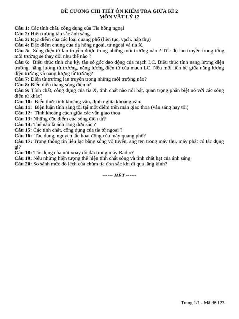 De Cuong Chi Tiet KT Giua Ki 2 Ly 12 | PDF