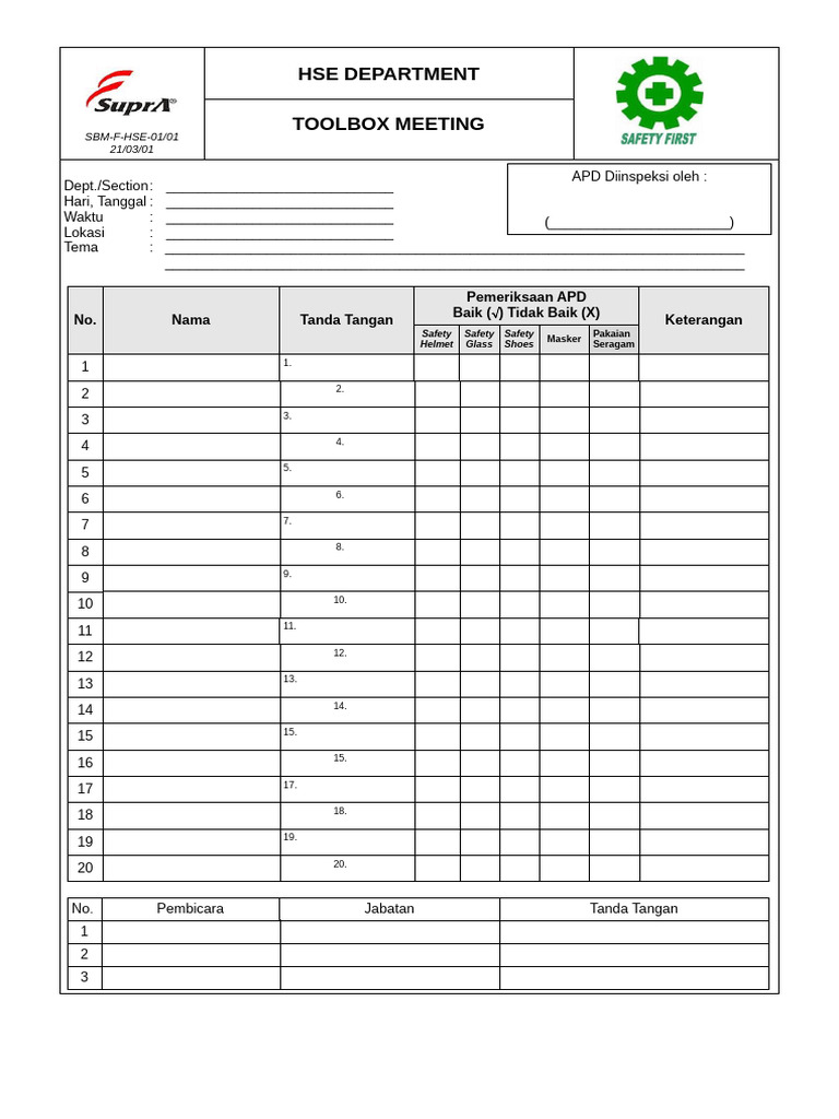1.SBM-F-HSE-01 Form Toolbox Meeting - R1 | PDF