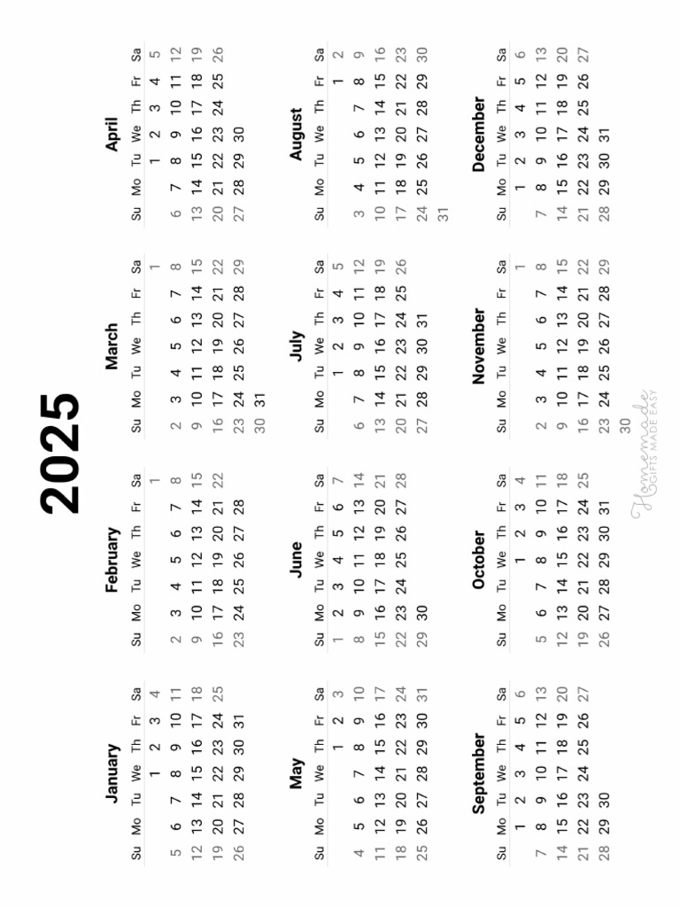 Year Calendar Simple Landscape 2025 | PDF