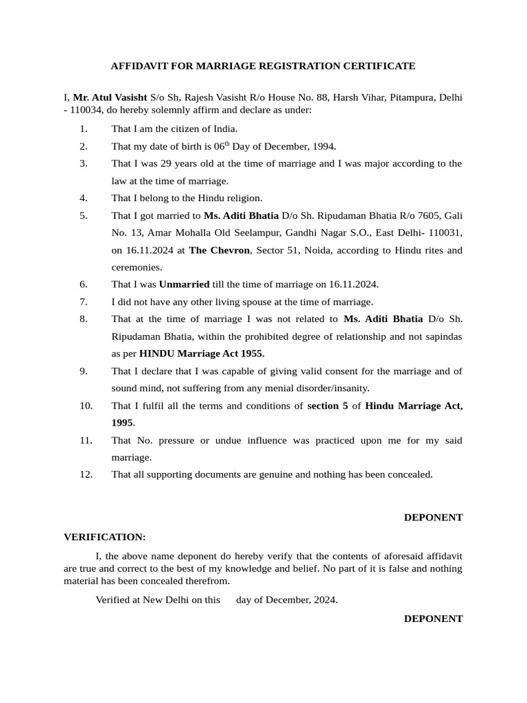 Affidavit For Marriage Registration Certificate | PDF
