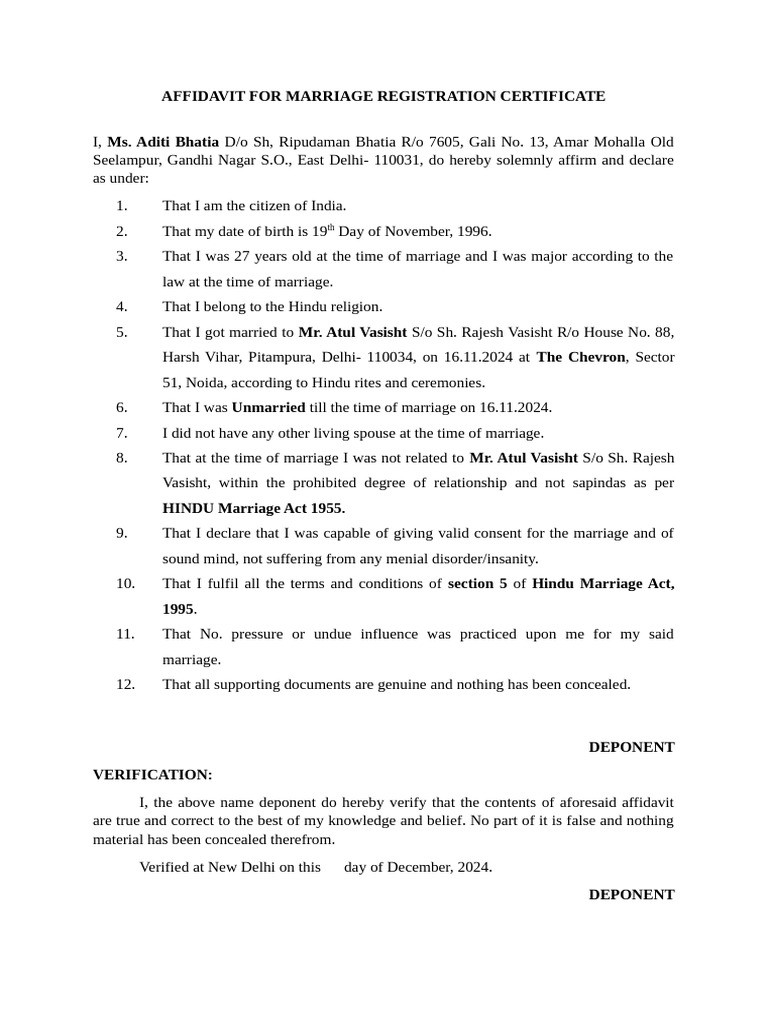 Affidavit For Marriage Registration Certificate | PDF