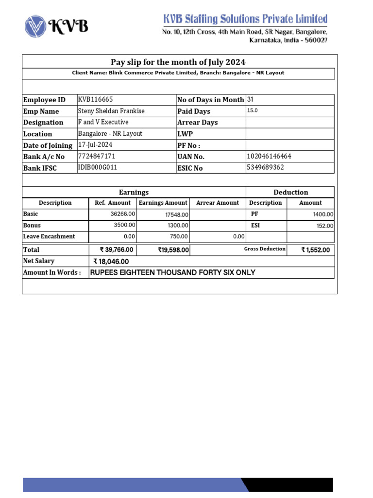 July 2024 Payslip for Blink Commerce | PDF