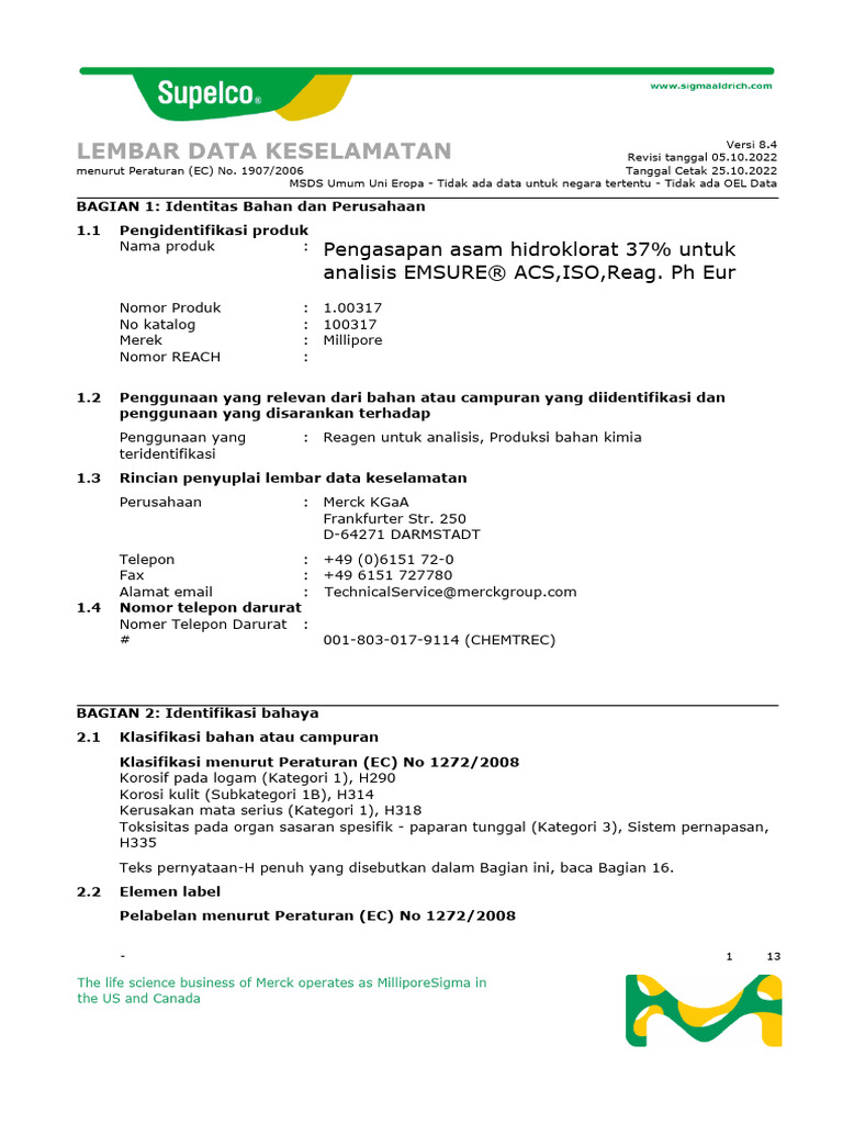 MSDS - 1.00317 - Hydrochloric Acid Fuming 37% | PDF