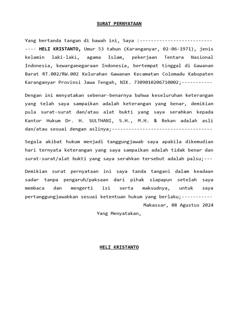 Surat Pernyataan Heli Kristanto | PDF