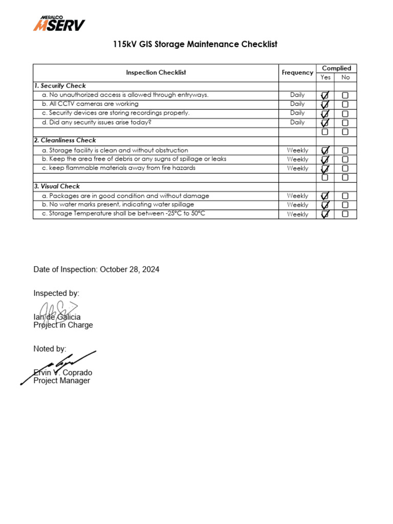 115kV GIS - Storage Maintenance Checklist (10-28-2024) | PDF