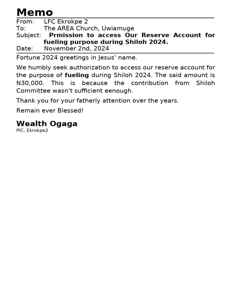 Memo to Access Reserve Acct 4 Shiloh | PDF