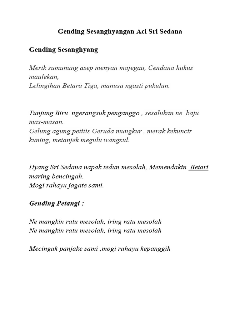 Gending Sesanghyangan Aci Sri Sedana Lengkap | PDF