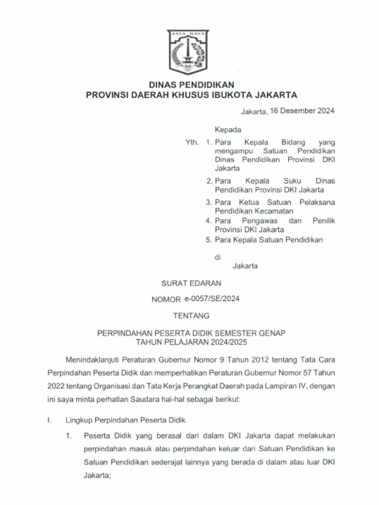 SE No. E-0057 - SE - 2024 Tentang Perpindahan Peserta Didik Semester Genap Tahun Pelajaran 2024 ...