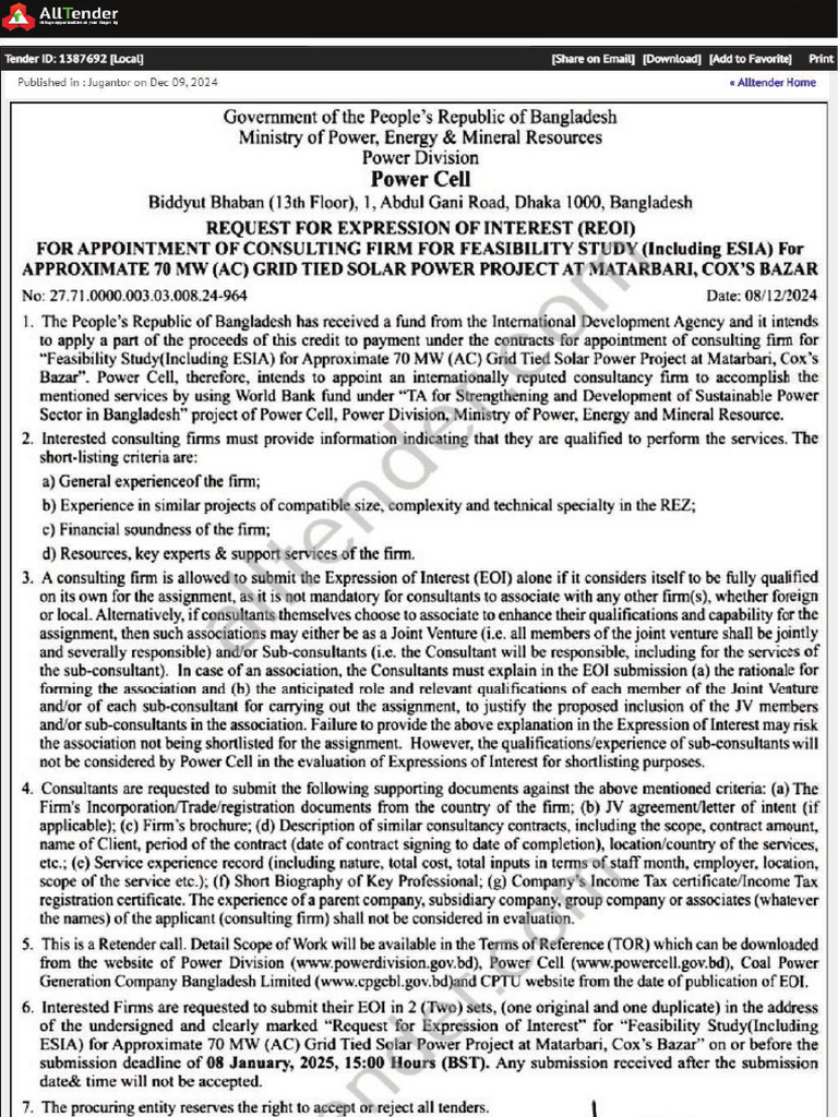 EOI Notice -Power Cell- 70 MW Solar FS Matarbari | PDF