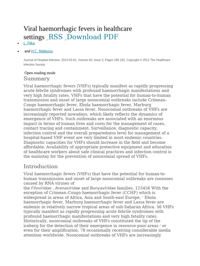 Viral Haemorrhagic Fevers in Healthcare Settings 2013 | PDF | Infection ...