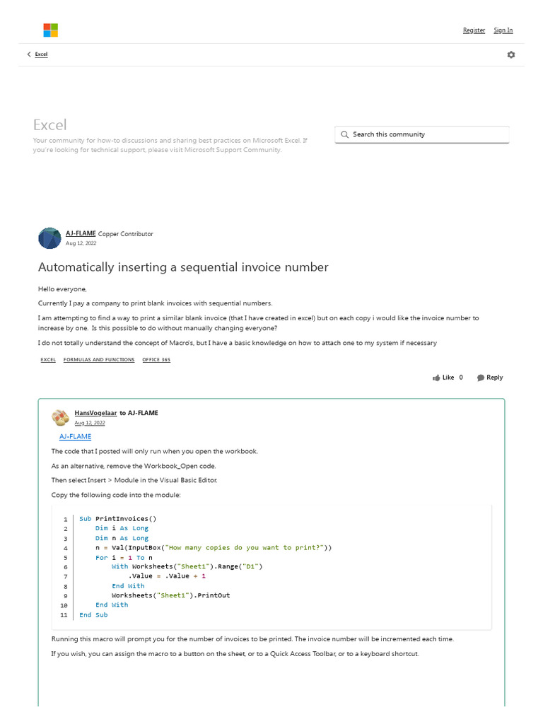 Automatically Inserting A Sequential Invoice Number - Microsoft Community Hub | PDF | Microsoft ...