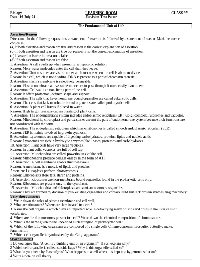 Class 9 Biology Revision: Cell Fundamentals | PDF | Cell (Biology ...